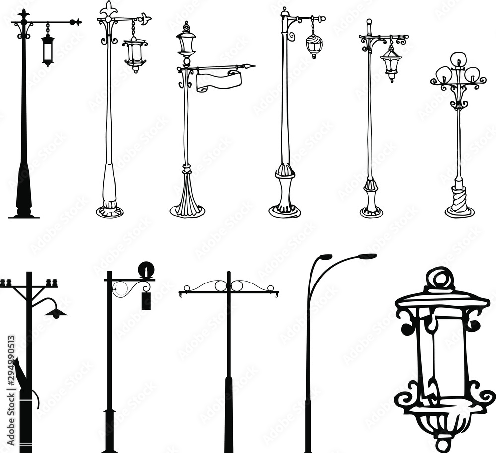 set of silhouettes and outlines of street lamp posts vector ...