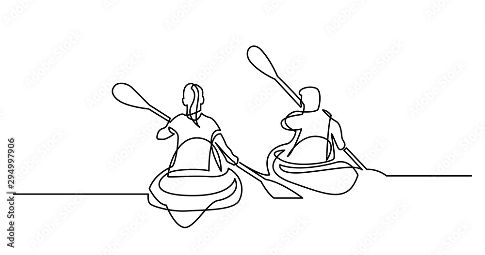 continuous line drawing of man and woman kayaking on beautiful lake ...