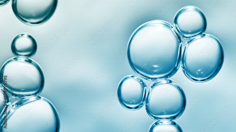 transparent gas bubbles on water surface. Worms-eye low angle with ...