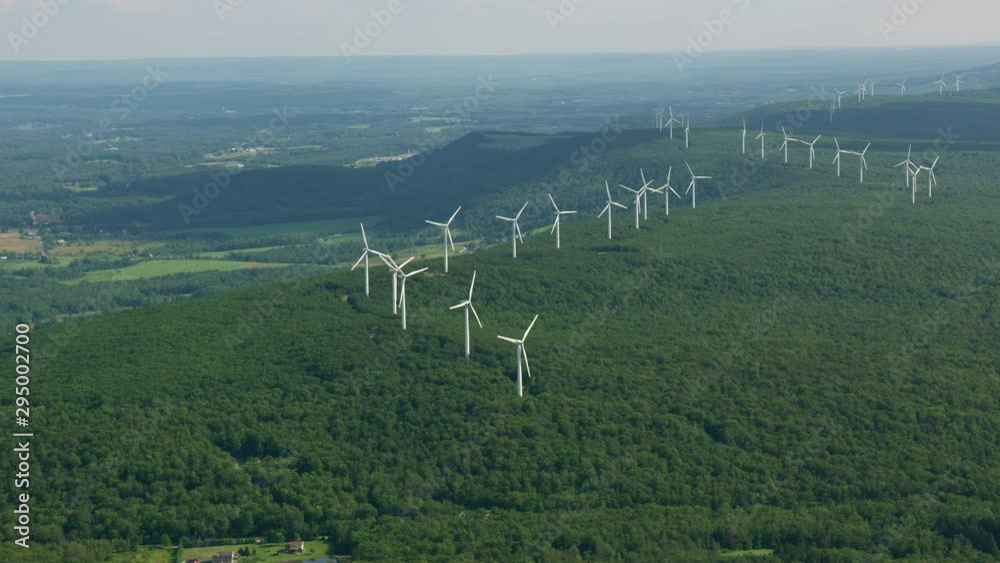 Massachusetts circa-2019. Aerial view of farm lands and wind turbines ...
