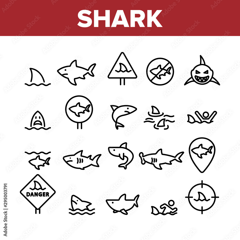 Shark Fish Collection Elements Icons Set Vector Thin Line. Dangerous ...