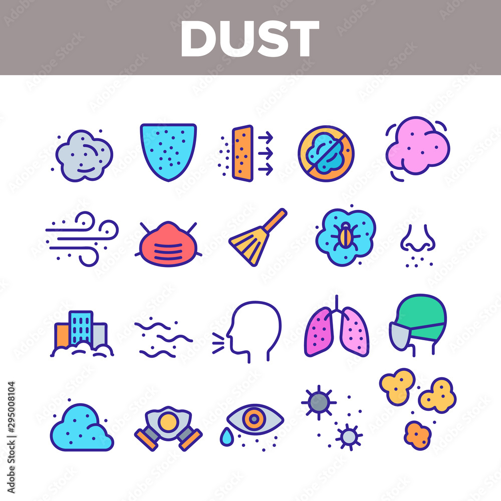 Dust And Polluted Air Collection Icons Set Vector Thin Line. Mask And ...