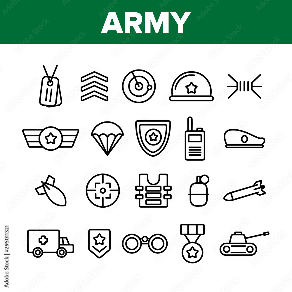 Army Military Collection Elements Icons Set Vector Thin Line. Medal And ...