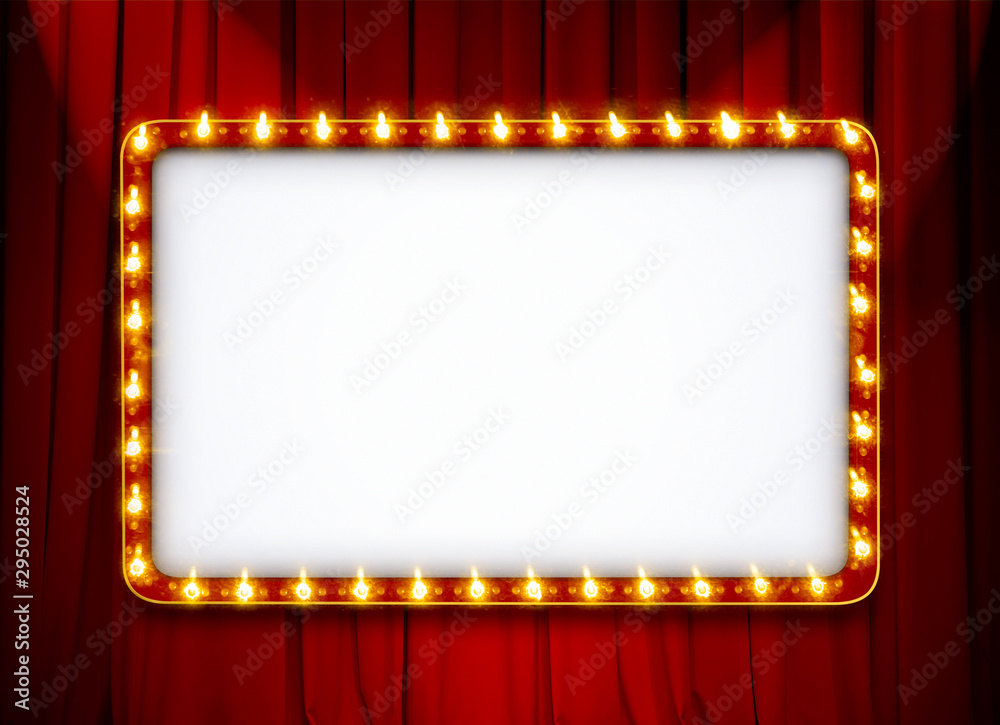 Blank light sign frame on red theatre curtain Stock Illustration ...
