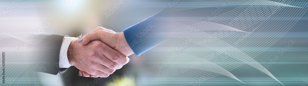 Business agreement with handshake, light effect; panoramic banner Stock ...