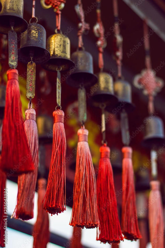 Red bells near the statue of Guanyin, Nanshan temple, Sanya, Hainan ...