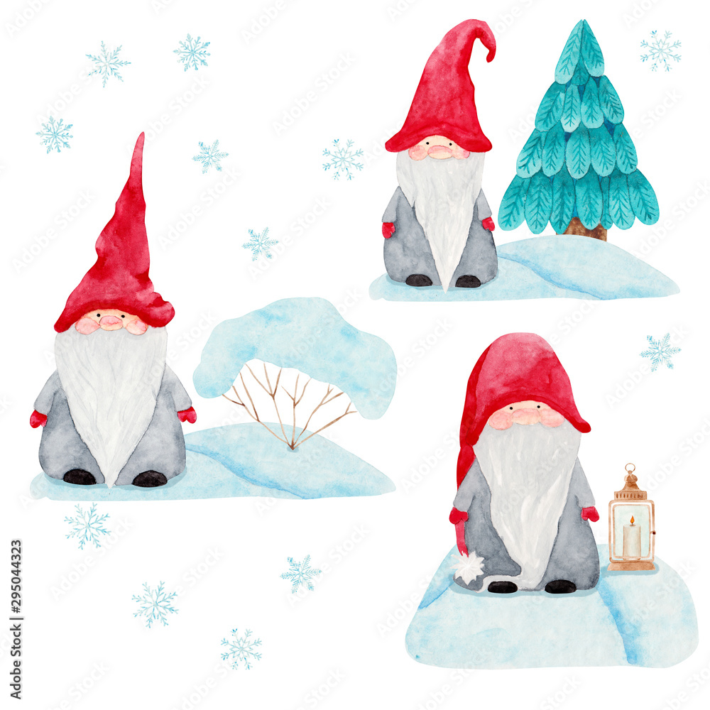 Watercolor Christmas set with Scandinavian gnomes. Beautiful ...