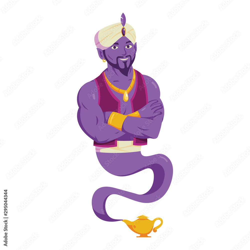 purple genie is folding her arms after coming out of the small teapot ...