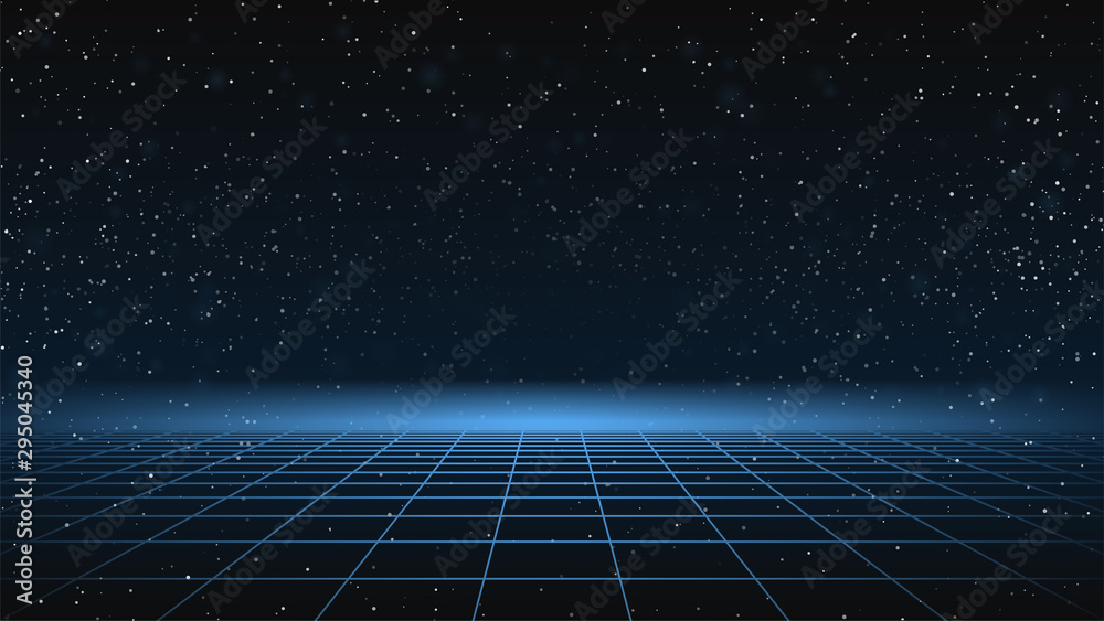 Synthwave background. Dark Retro Futuristic backdrop with blue perspective grid and sky full of ...