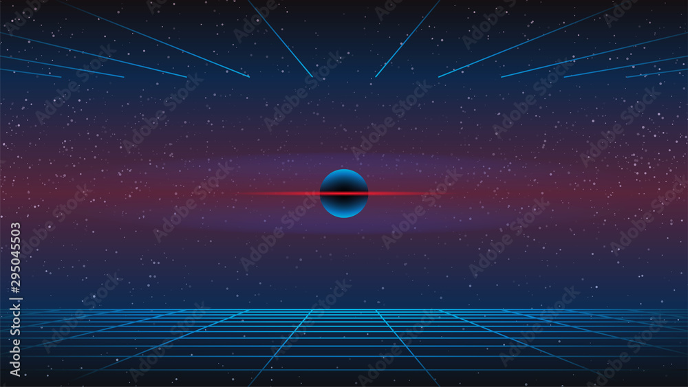 Synthwave background. Dark Retro Futuristic backdrop with blue perspective grid. Scary sphere ...