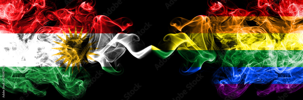 Kurdistan vs Gay pride smoke flags placed side by side. Thick colored ...
