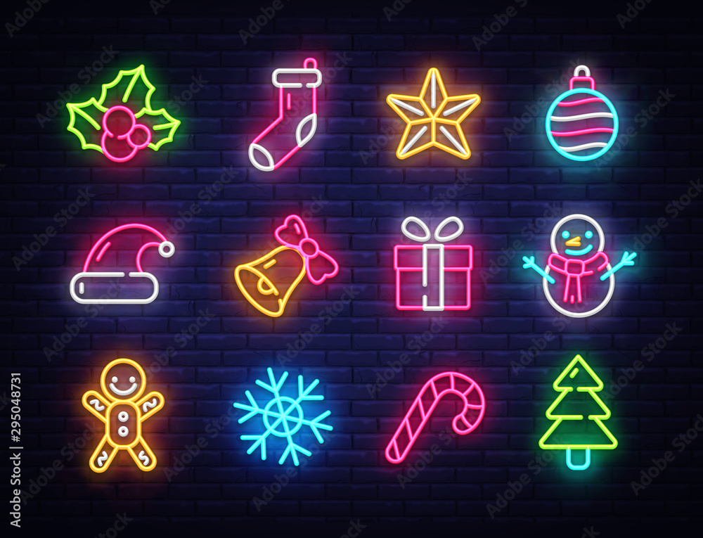 Christmas neon icons set. Happy Christmas collection light signs. Sign ...