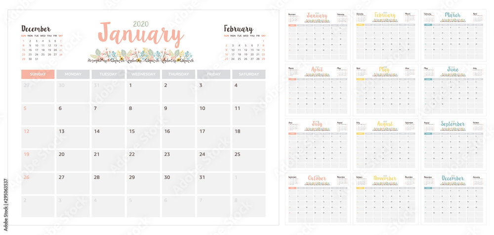 Calendar template for the year 2020 vector, Planner diary in a ...