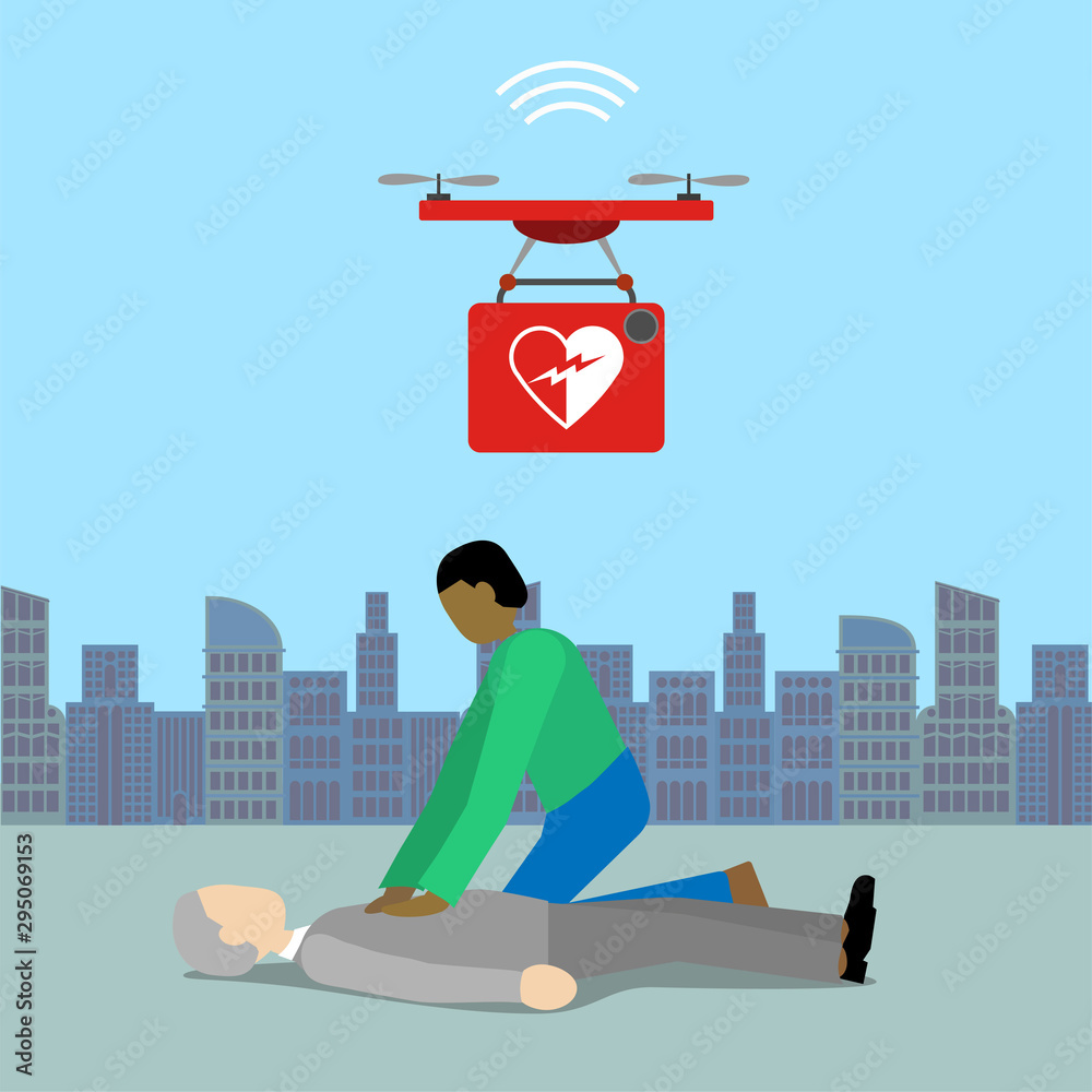 Drone bringing a defibrillator. The drone can quickly assist with life ...