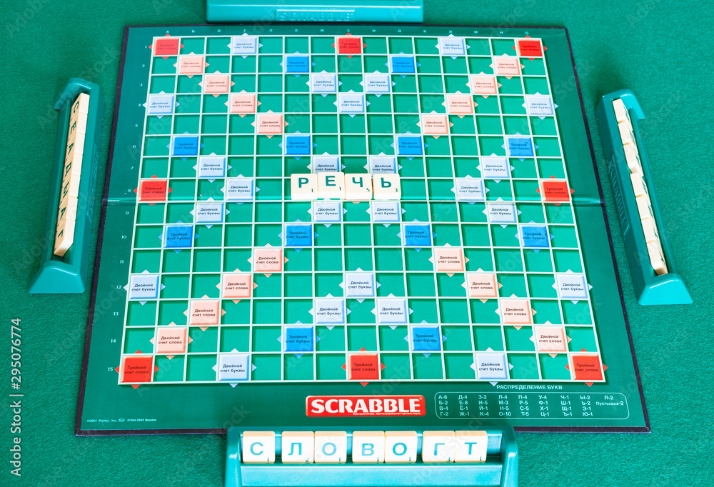 MOSCOW, RUSSIA - APRIL 3, 2019: gameplay in russian edition of Scrabble ...