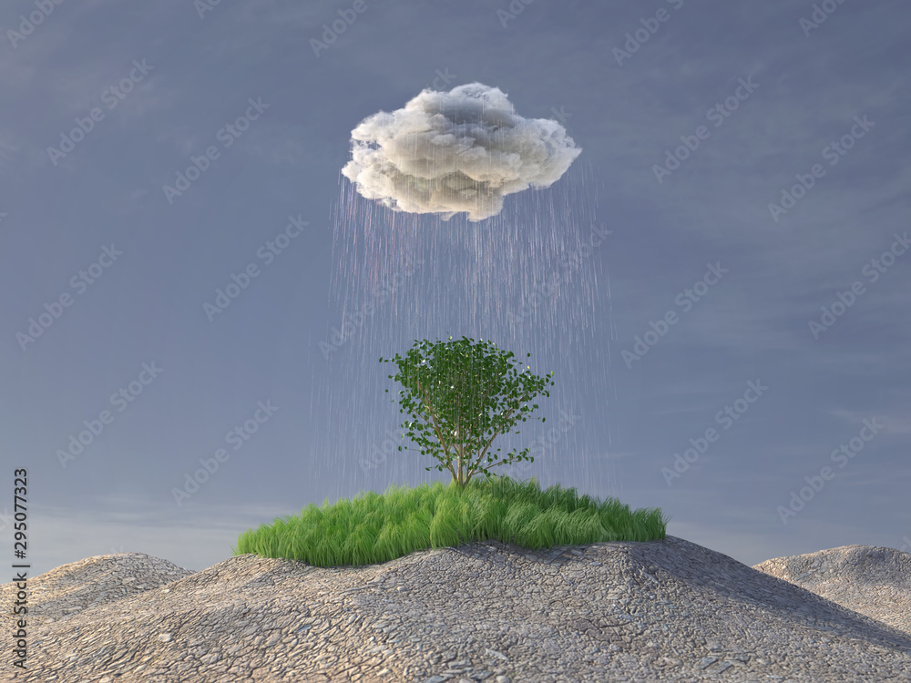 rain cloud watering a green tree in the desert Stock Illustration ...