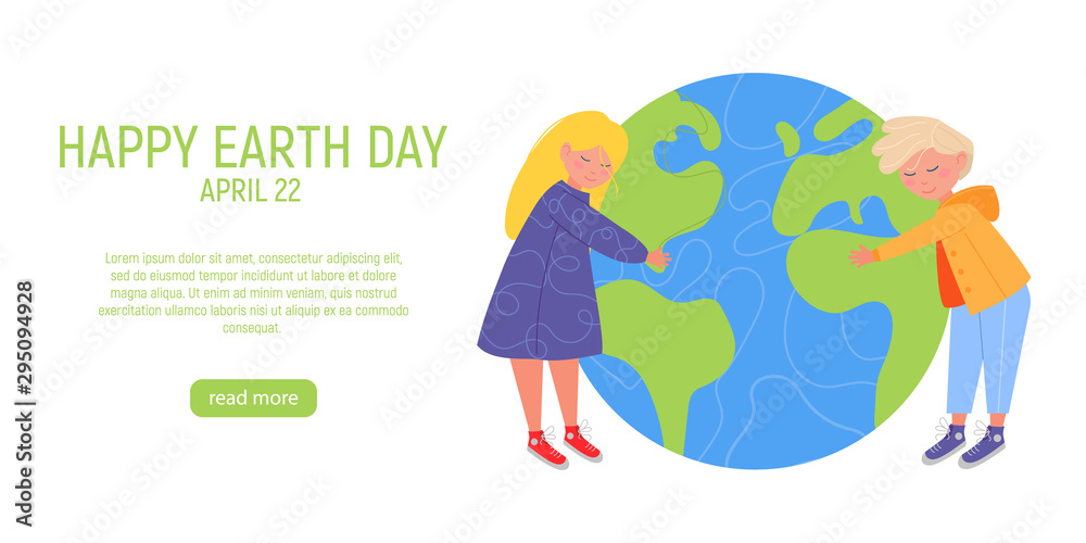 Happy Earth Day Banner. Little cute boy and girl are hugging planet ...