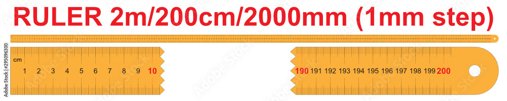 Ruler of 2000 millimeters. Ruler of 200 centimeters. Ruler of 2 meters ...
