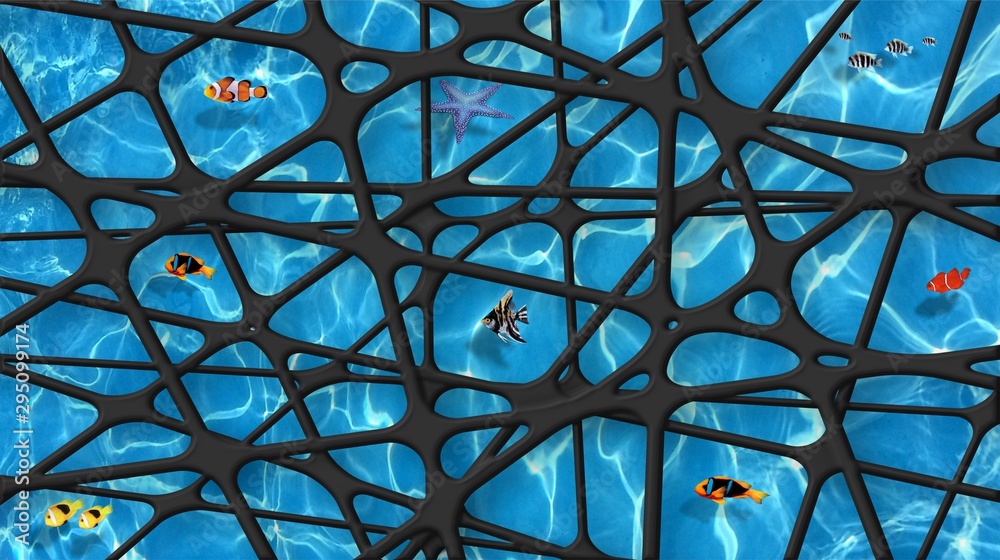 3d illustration floor tile design, Blue water ripple effect with ...