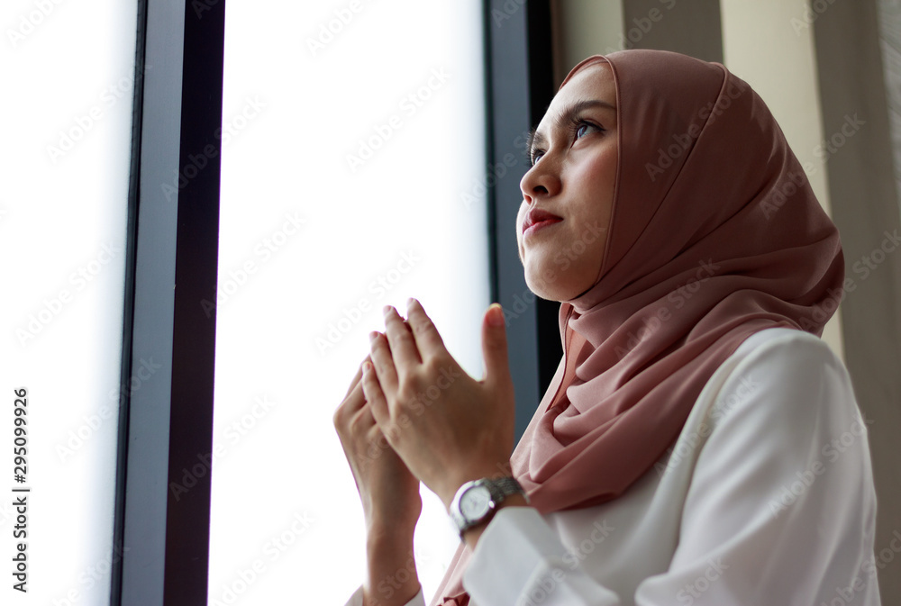 muslim women praying with mosque interior background Stock Photo ...