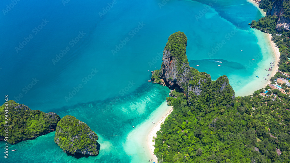 Aerial View Phra Nang Cave Beach With Traditional Long Tail Boat On Ao Phra Nang Beach Railay