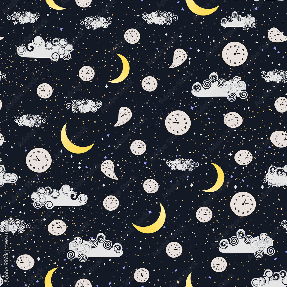Good night seamless pattern with bright colored cartoon moon, clock ...