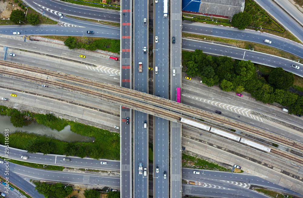 Rail track and conductor rail top view, Road Expressway traffic an ...
