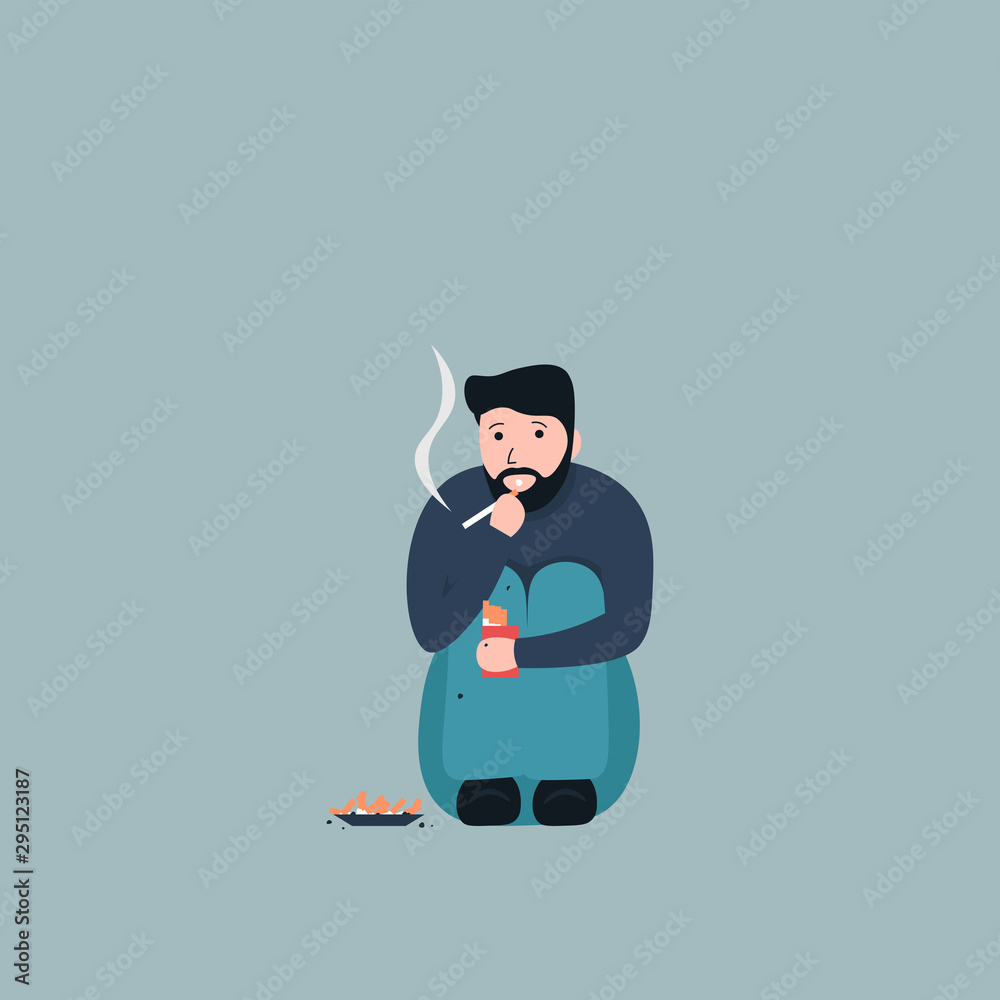 Addicted smoker man, nicotine, cigarette addiction. Vector flat cartoon ...