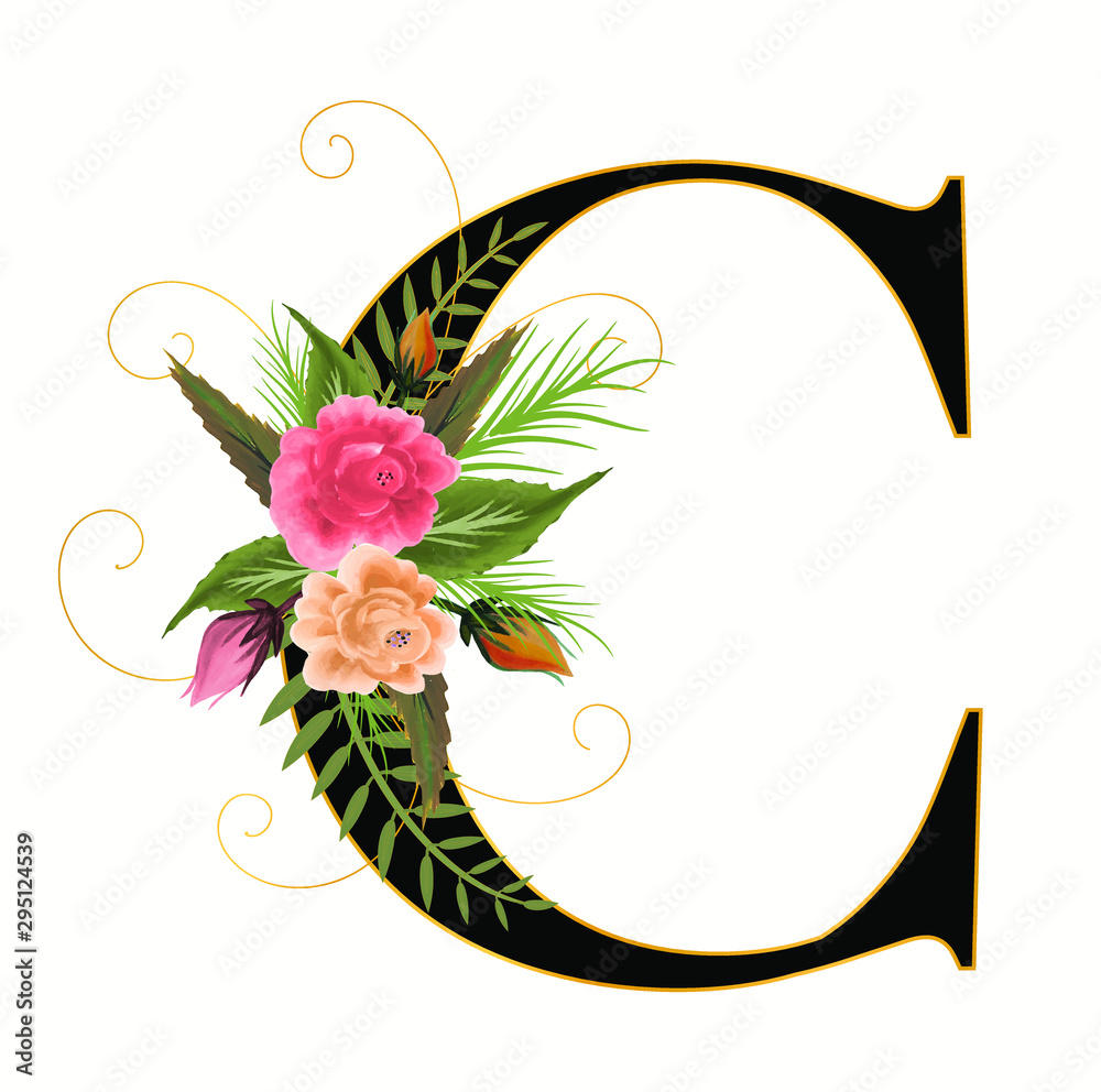 Alphabet with flowers, letter C with watercolor flowers and leaves hand ...