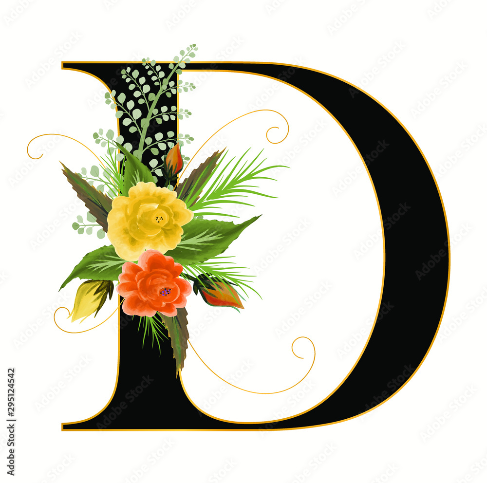 Alphabet with flowers, letter D with watercolor flowers and leaves hand ...