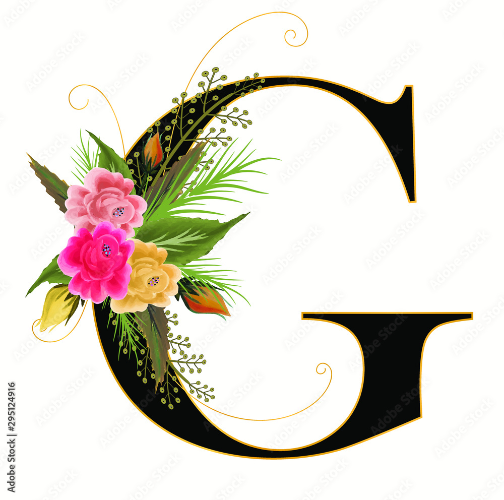 Alphabet with flowers, letter G with watercolor flowers and leaves hand ...