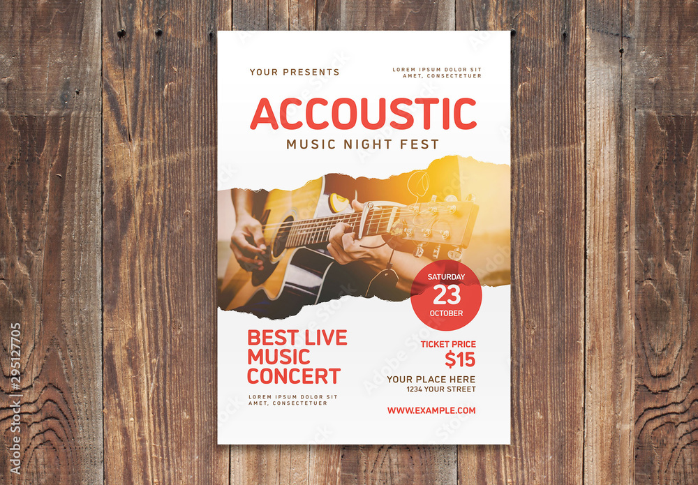 Music Event Flyer Layout with Red Accents Stock Template | Adobe Stock
