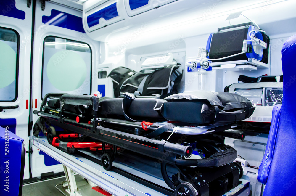 Inside an ambulance car with medical equipment. Stock Photo | Adobe Stock