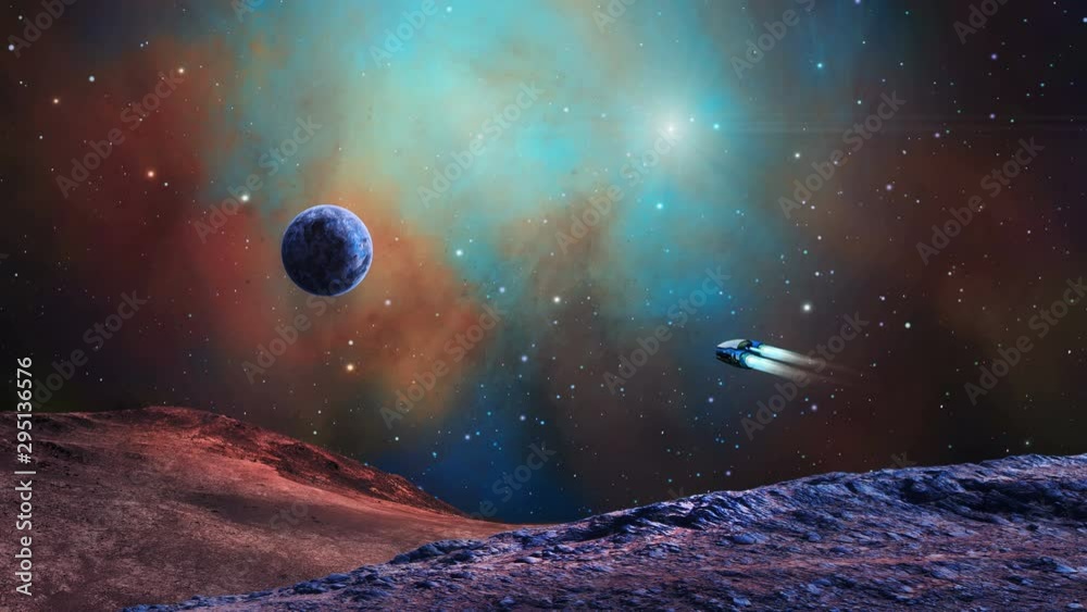 Space scene. Spaceeship fly through colorful nebula with planet and ...