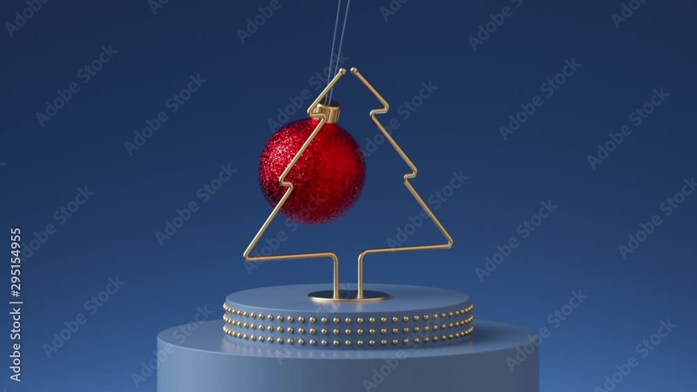 Christmas 3d red ball going through fir tree shape, blue background ...