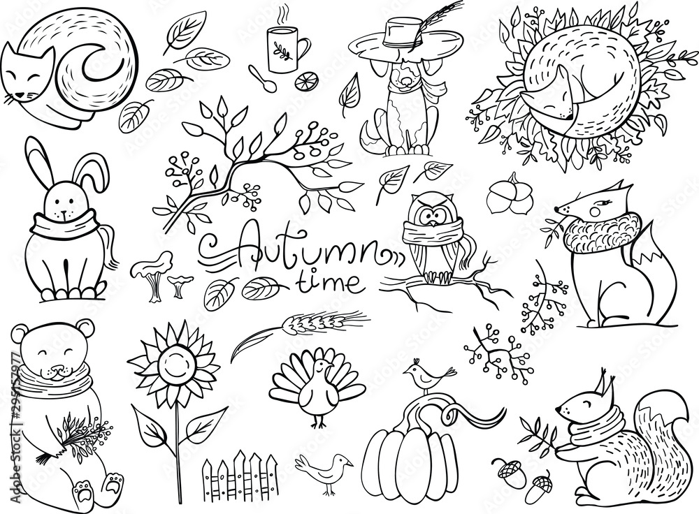 Set of doodle autumn animals isolated on white. Fox, bear, squirrel ...