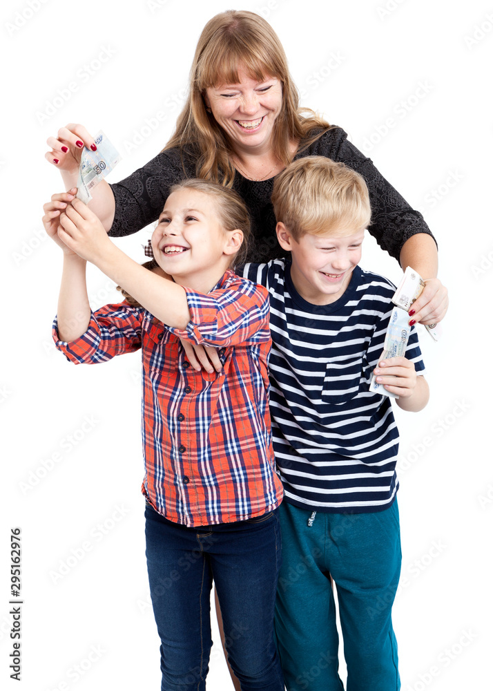 Laughing mother paying cash rewards for her preteen kids, payment to ...
