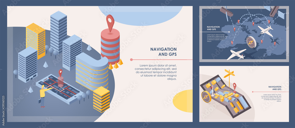Navigation software banner vector templates set. Mobile GPS application ...