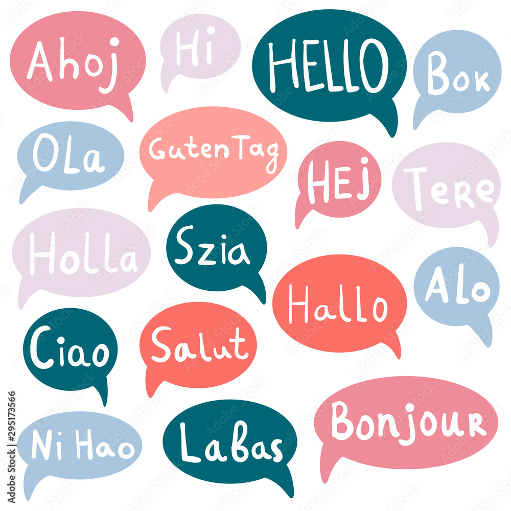 Hello, Hi with speech bubbles on different languages. Translation ...