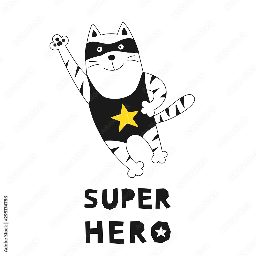 Hand-drawn cat in a suit superhero, black and white. Kids vector ...