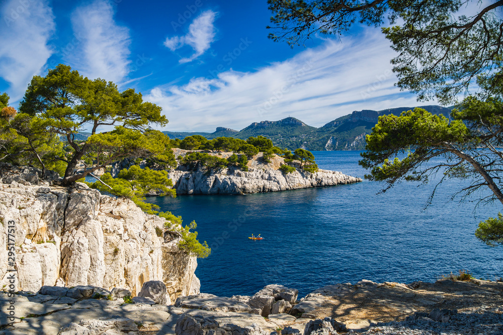 Colorful kayaks in the famous French fjords,Calanques national park ...