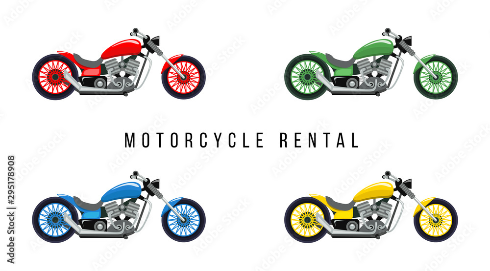 Motorcycle rental service banner flat template. Two-wheeled transport ...