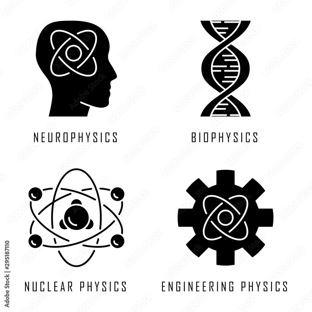 Physics branches glyph icons set. Neurophysics, biophysics, engineering ...