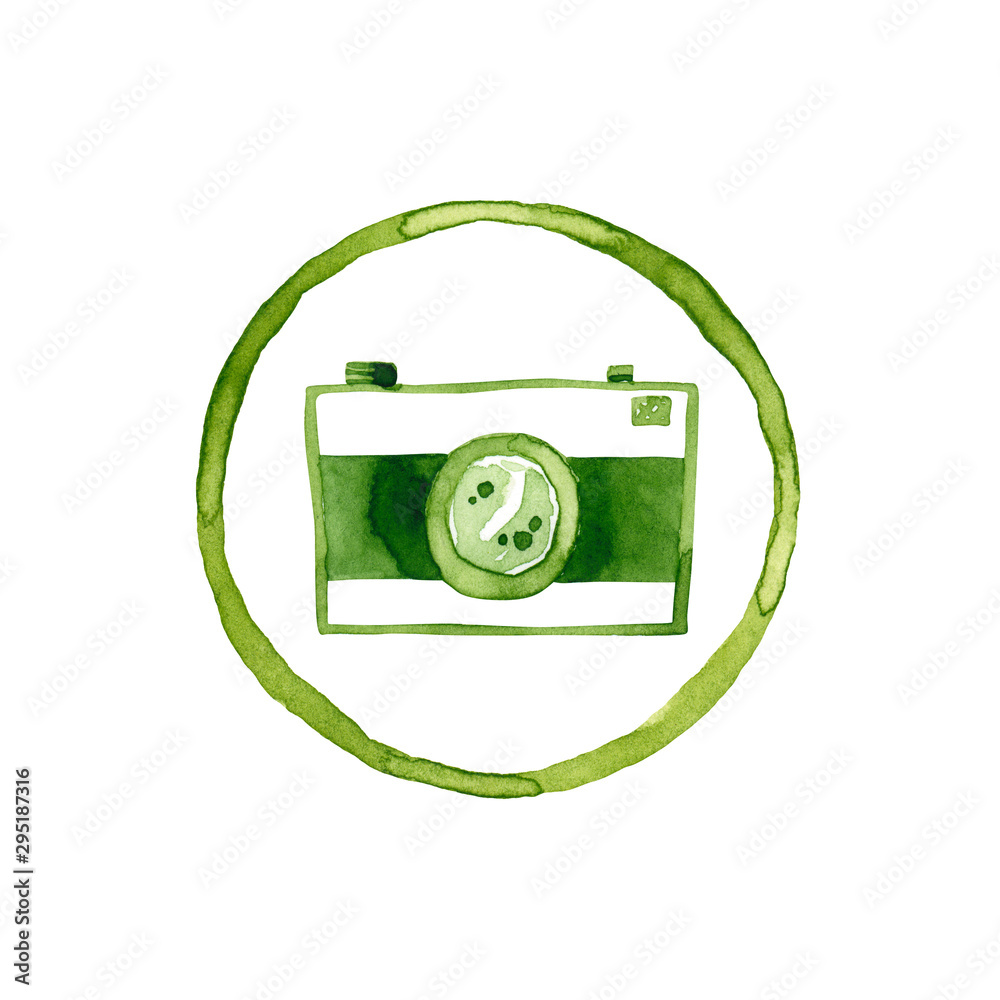 Watercolor camera with circle. Hand painted illustration isolated on ...
