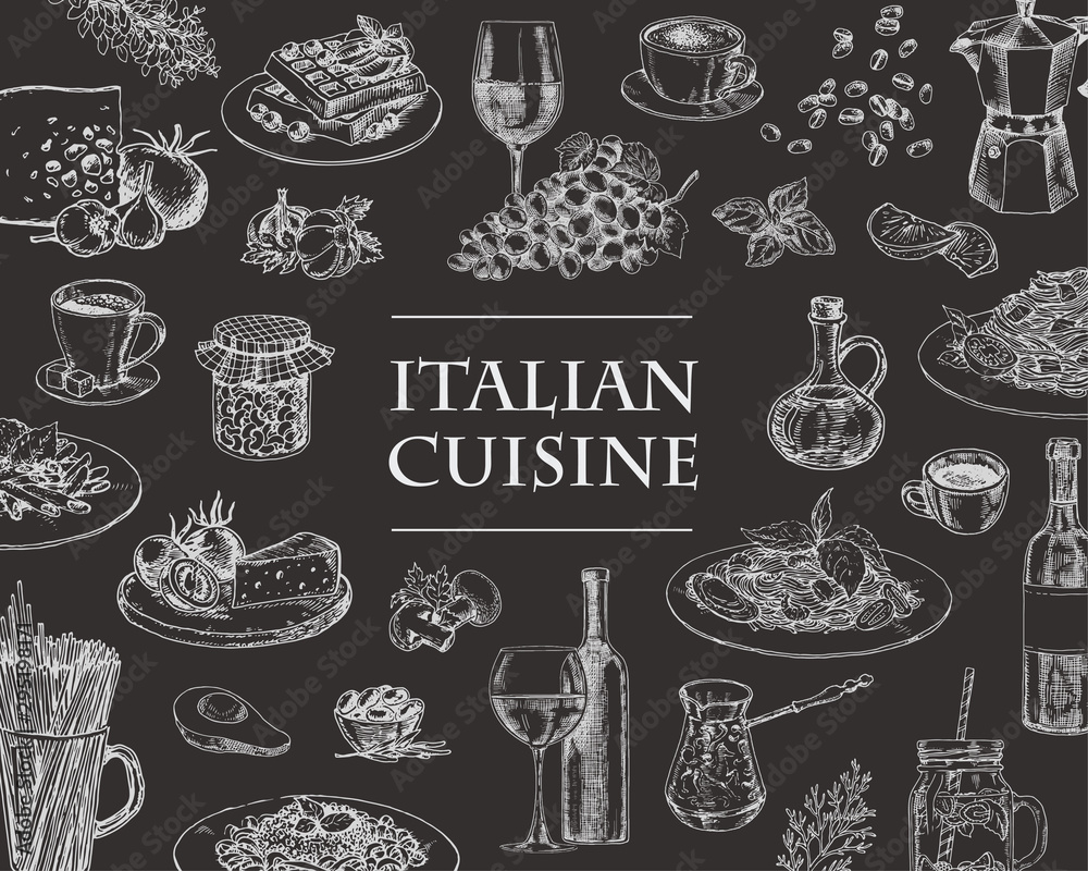 Italian Cuisine vector illustration. Set of traditional italian dishes ...