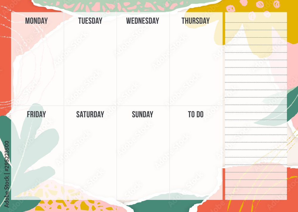 Weekly planning template with pieces of torn paper, flower and chalk ...