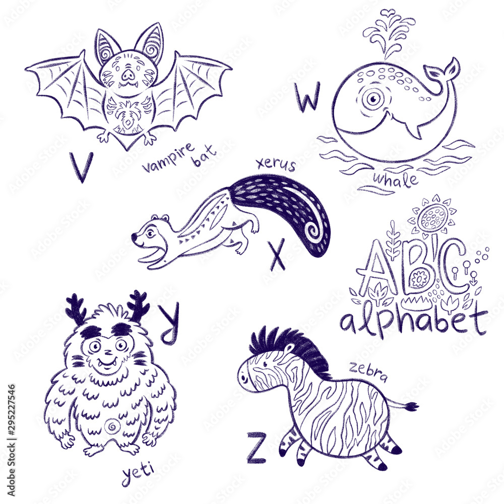 Cute animal alphabet coloring page. Funny cartoon animals - vampire bat ...