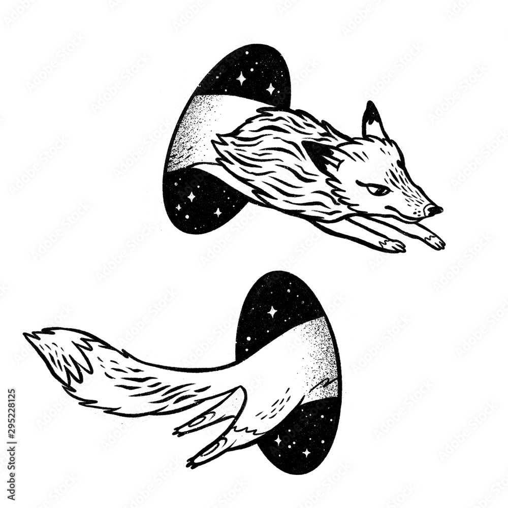 Fox in magic teleport. Linear black and white drawing. Ideal for ...