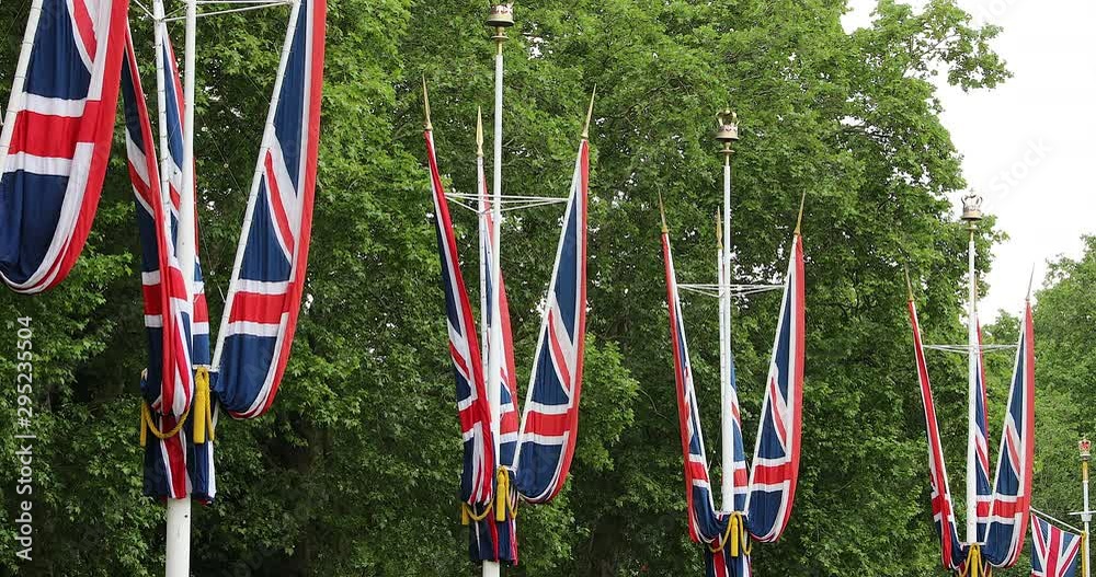 Flags Of The United Kingdom In Front Of Buckingham Palace Stock Video ...