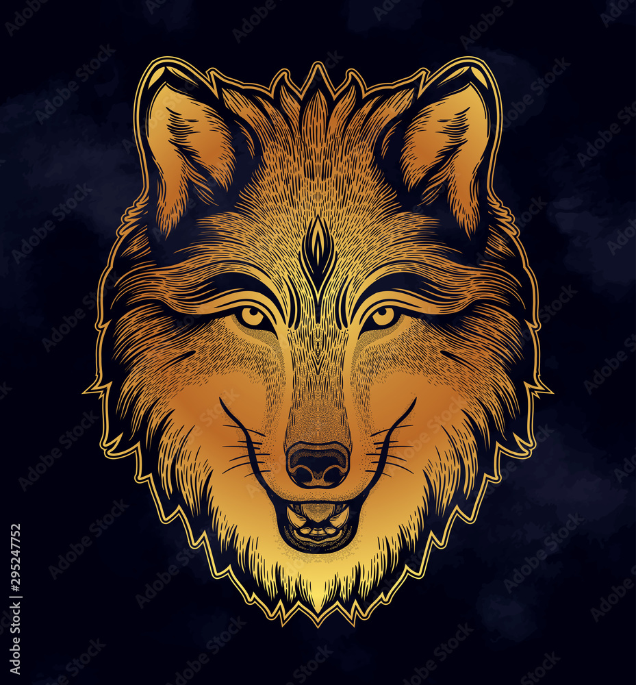 The head of a wolf. Dreamy magic art. Night, nature, wicca symbol ...